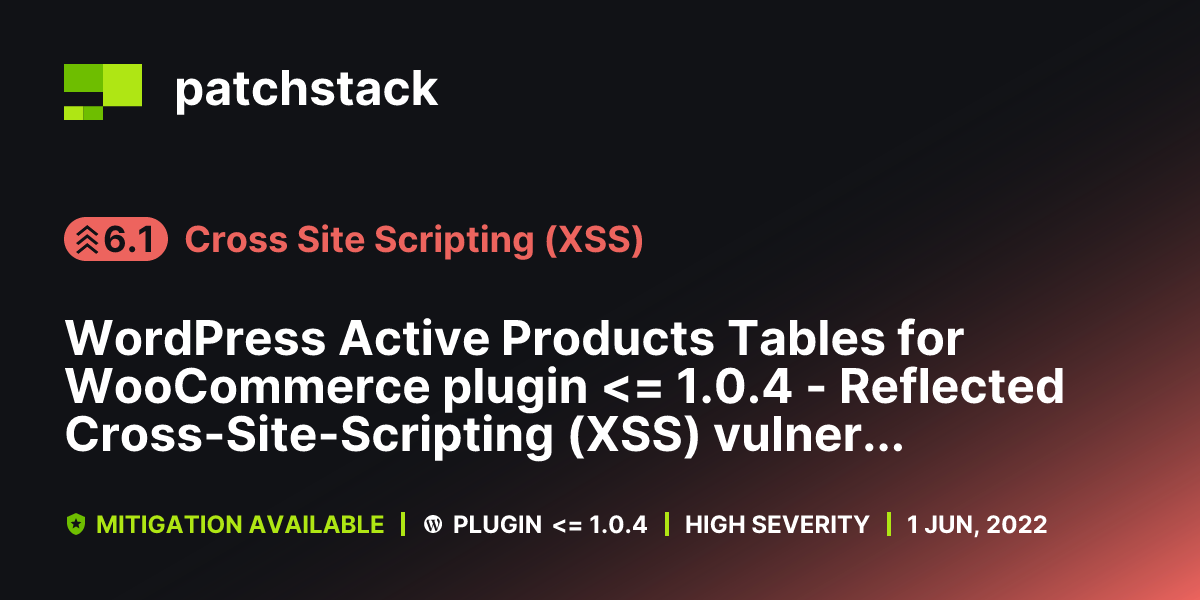 Cross Site Scripting (XSS) in WordPress Active Products Tables for WooCommerce Plugin - Patchstack